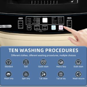 Iorbur 15.6lbs Full-Automatic Washing Machine, Portable Compact Laundry Washer with Drain Pump, 10 Programs 8 Water Levels with LED Display for RV, Camping, Apartment, Dorm, Dark-Gold