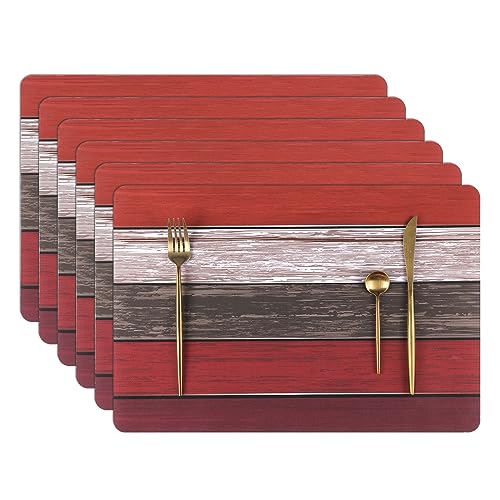 U'Artlines Retro Rustic Wood Texture Placemats Set of 6,Stain Resistant Waterproof Table Mats Trivets for Hot Dishes Washable Rubber Heat Resistant Placemat for Kitchen Dining Table Decoration,Red