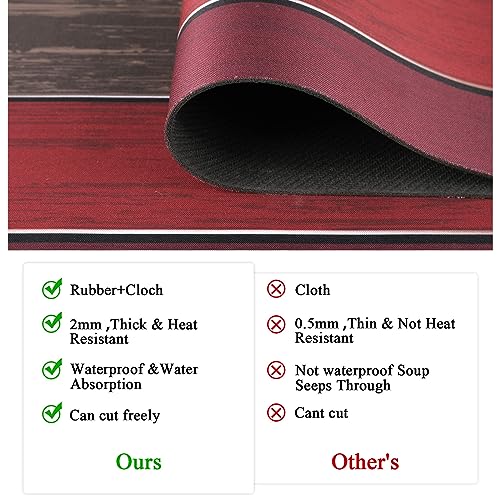 U'Artlines Retro Rustic Wood Texture Placemats Set of 6,Stain Resistant Waterproof Table Mats Trivets for Hot Dishes Washable Rubber Heat Resistant Placemat for Kitchen Dining Table Decoration,Red