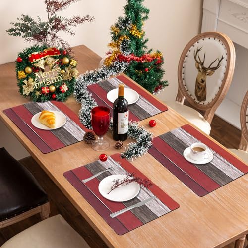 U'Artlines Retro Rustic Wood Texture Placemats Set of 6,Stain Resistant Waterproof Table Mats Trivets for Hot Dishes Washable Rubber Heat Resistant Placemat for Kitchen Dining Table Decoration,Red