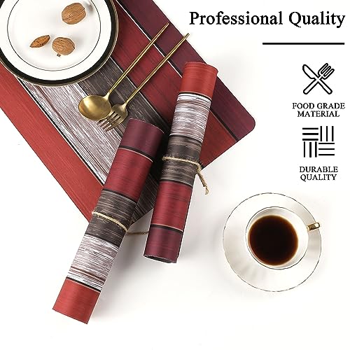 U'Artlines Retro Rustic Wood Texture Placemats Set of 6,Stain Resistant Waterproof Table Mats Trivets for Hot Dishes Washable Rubber Heat Resistant Placemat for Kitchen Dining Table Decoration,Red