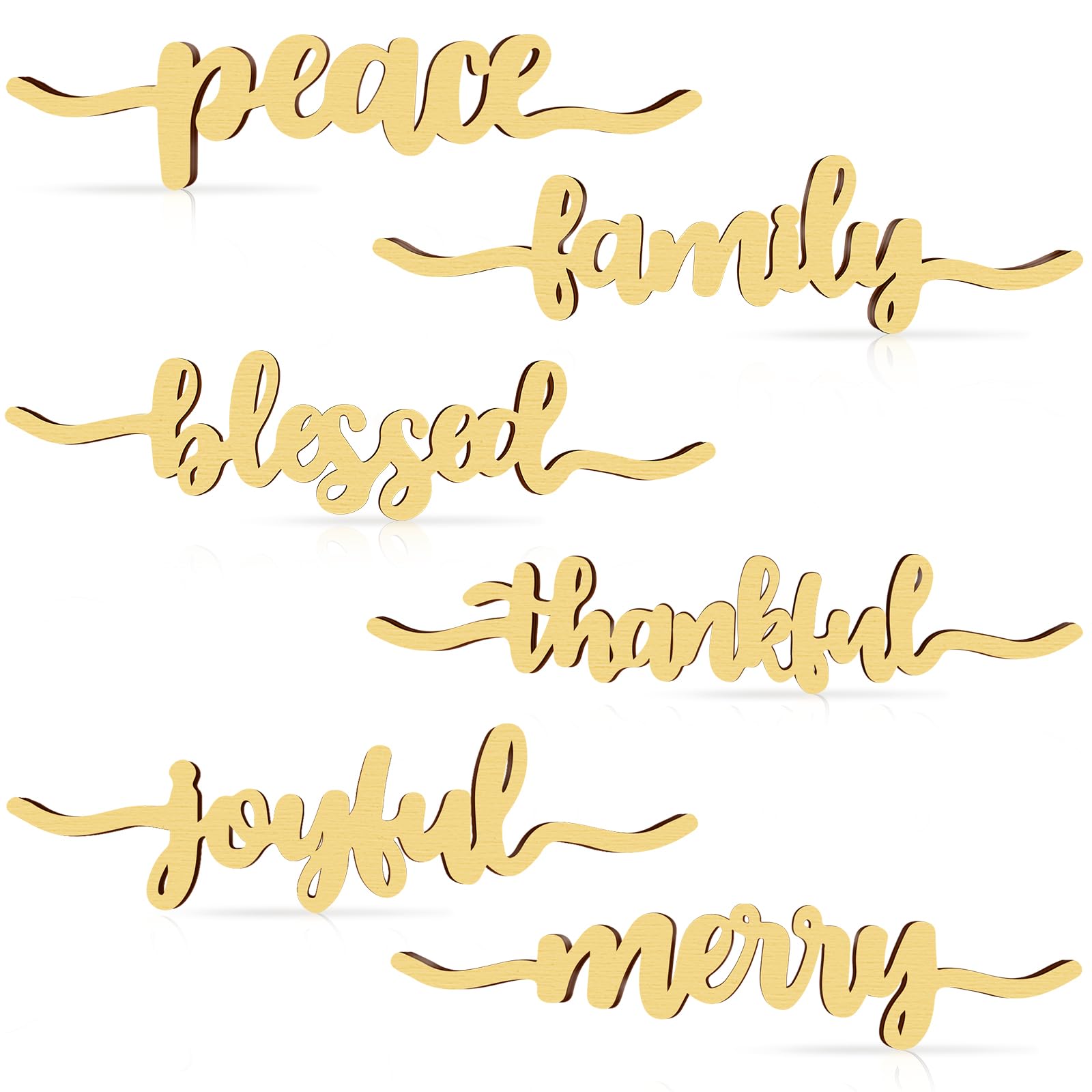 12 Pieces Christmas Thankful Blessed Merry Joyful Peace Family Wood Cutout Rustic Thankful Plate Letter Sign Decor Inspirational Letter Wood Sign for Home Table Plates Table