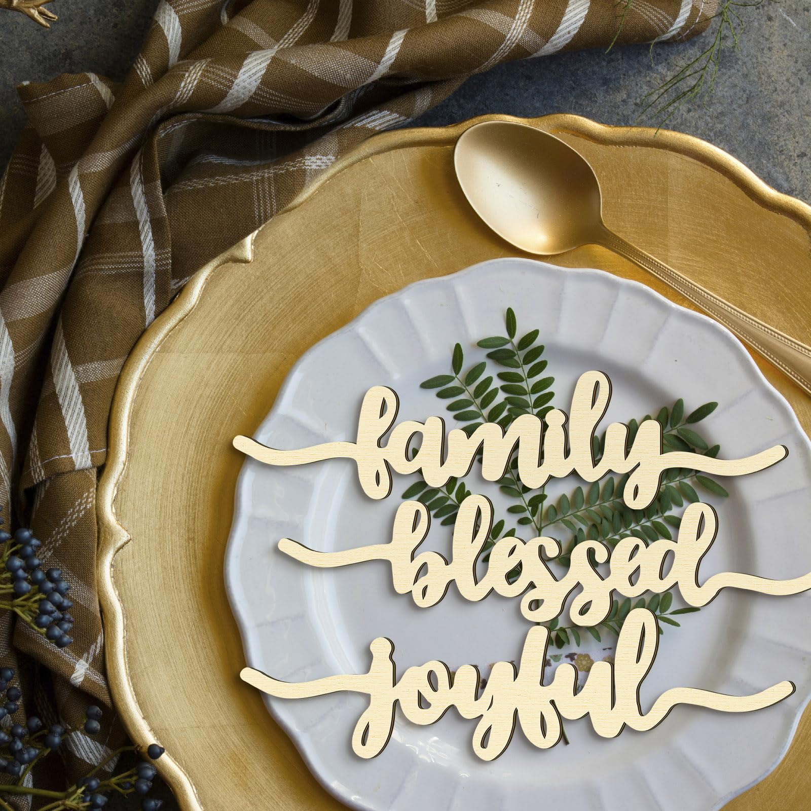 12 Pieces Christmas Thankful Blessed Merry Joyful Peace Family Wood Cutout Rustic Thankful Plate Letter Sign Decor Inspirational Letter Wood Sign for Home Table Plates Table