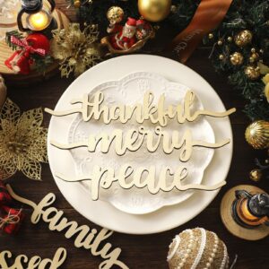 12 Pieces Christmas Thankful Blessed Merry Joyful Peace Family Wood Cutout Rustic Thankful Plate Letter Sign Decor Inspirational Letter Wood Sign for Home Table Plates Table