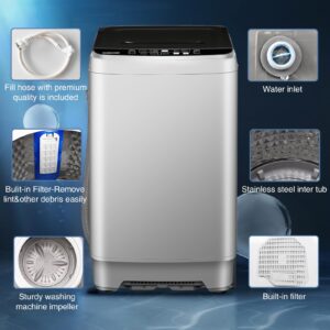 Kazigak Full Automatic Washing Machine, 15.6 lbs Top Load Portable Washer with Drain Pump, LED Display with 10 Programs & 8 Water Levels Selections, Ideal for Apartment, Dorm, RV, Camping, Dark Grey