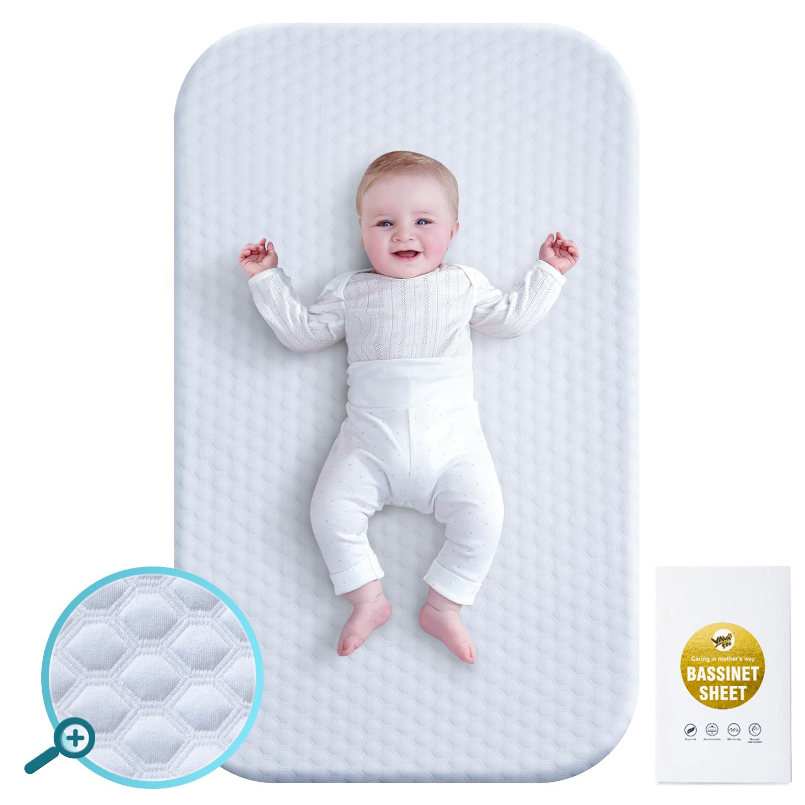 VaVaSoo Rocking Bassinet Sheet Fitted, Ultra Soft Bassinet Mattress Protector for Baby Girl & Boy, Breathable Bassinet Mattress Pad Cover, Hexagonal Supportive Mattress Topper, 1 Pack, 30.9''x19.1''