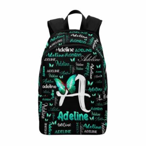 mypupsocks personalized casual daypack school bag with name for students back school gift, custom green initial name backpack shoulder bag book bag travel knapsack for men women hiking travel