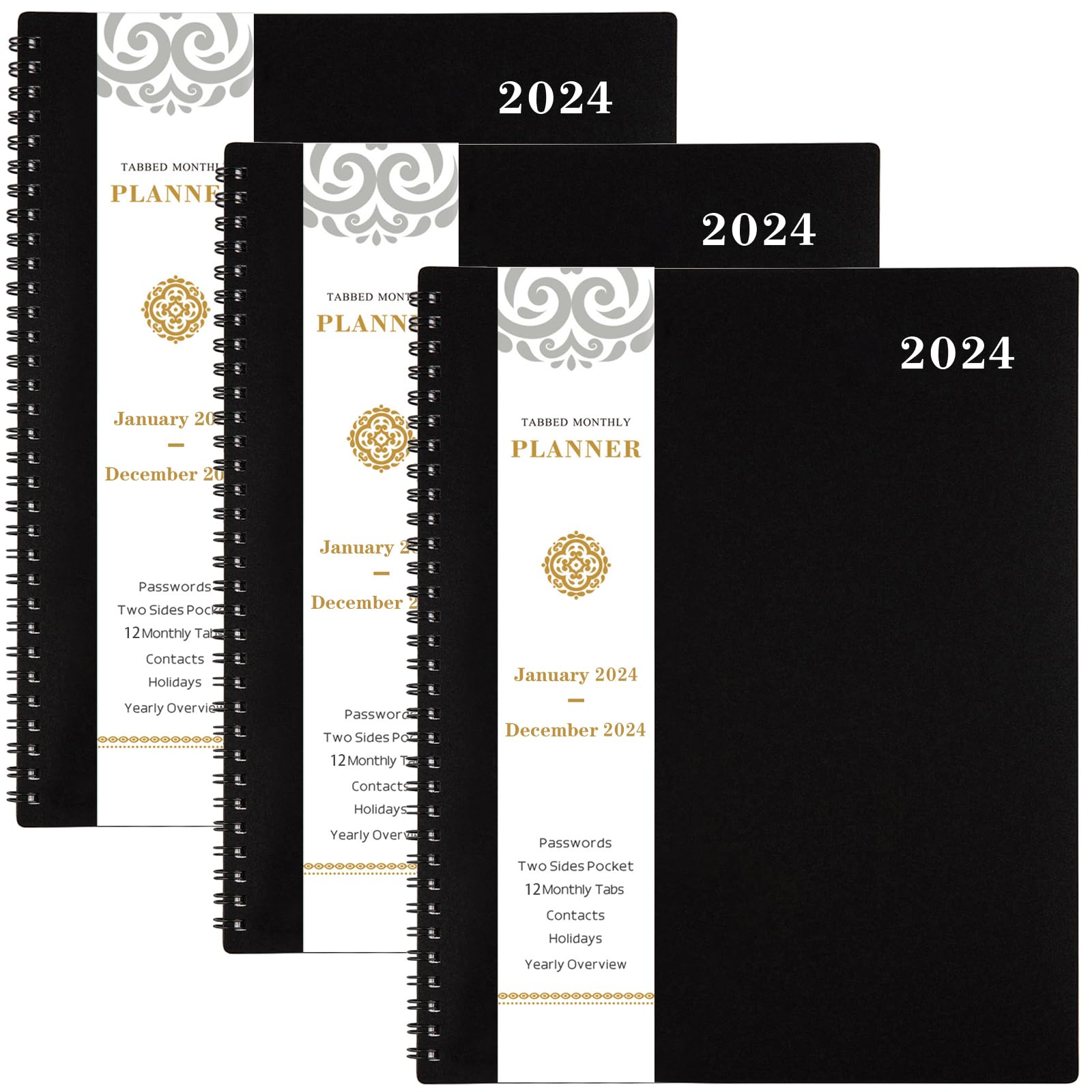 Planner 2024 - Planner/Calendar 2024, Jan.2024 - Dec.2024, 2024 Planner Weekly & Monthly with Tabs, 8" x 10", Flexible Cover + Twin-Wire Binding + Calendars, Daily Organizer - Black-Green Gilding