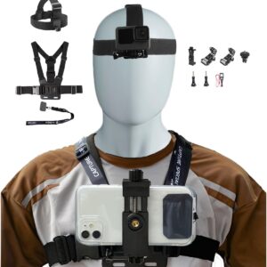 HYCZAAE Phone Chest Mount Harness & Head Strap for All iPhones - Stable & Secure - Hands Free - Travel Accessories Kit for Filming Video, POV/VLOG, Fishing, Biking - Body Camera Mount for All GoPro