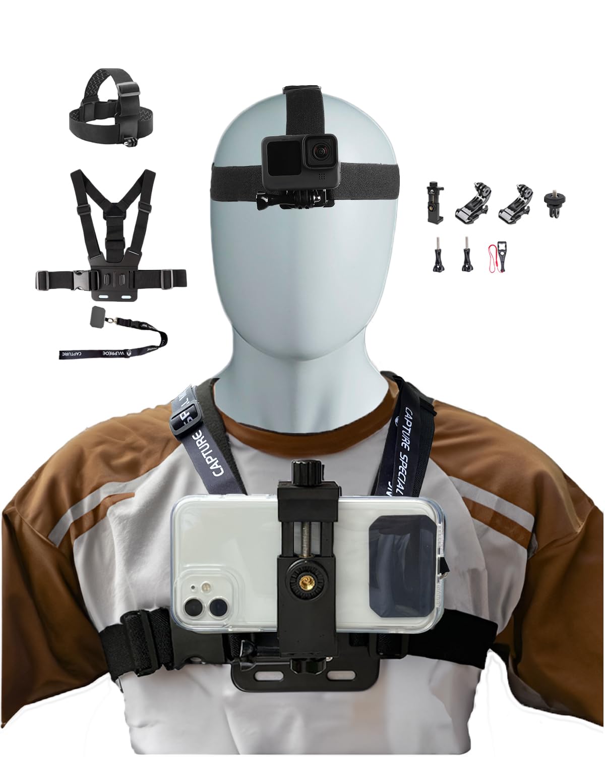 HYCZAAE Phone Chest Mount Harness & Head Strap for All iPhones - Stable & Secure - Hands Free - Travel Accessories Kit for Filming Video, POV/VLOG, Fishing, Biking - Body Camera Mount for All GoPro