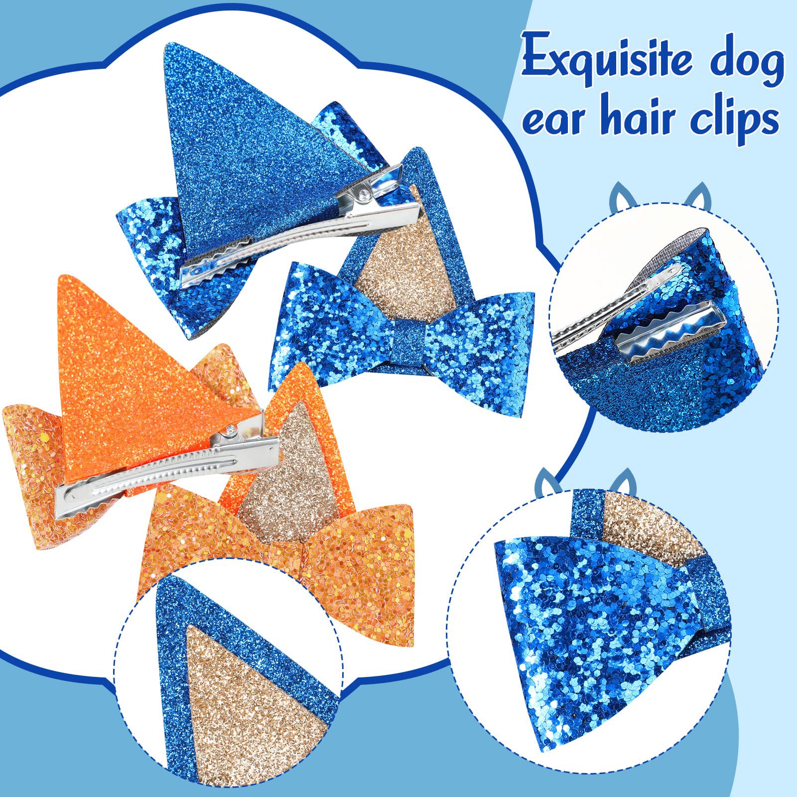 Bicllcsdd Blue Dog Happy Birthday Decorations, Blue Glitter Bows Ears Hair Clips for Kid, Boys and Girls Birthday Party Supplies(8 PCS)