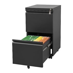 lvsteel 2 drawer mobile file cabinet with lock, under desk metal filing cabinet for home office fits legal/letter/a4 file, fully assembled except wheels, black