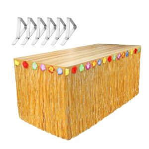 albassa luau hawaiian grass table skirt, beach party table skirt 9ft with hibiscus (straw yellow, 1)