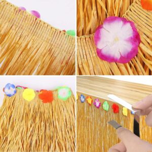 Albassa Luau Hawaiian Grass Table Skirt, Beach Party Table Skirt 9FT with Hibiscus (Straw Yellow, 1)