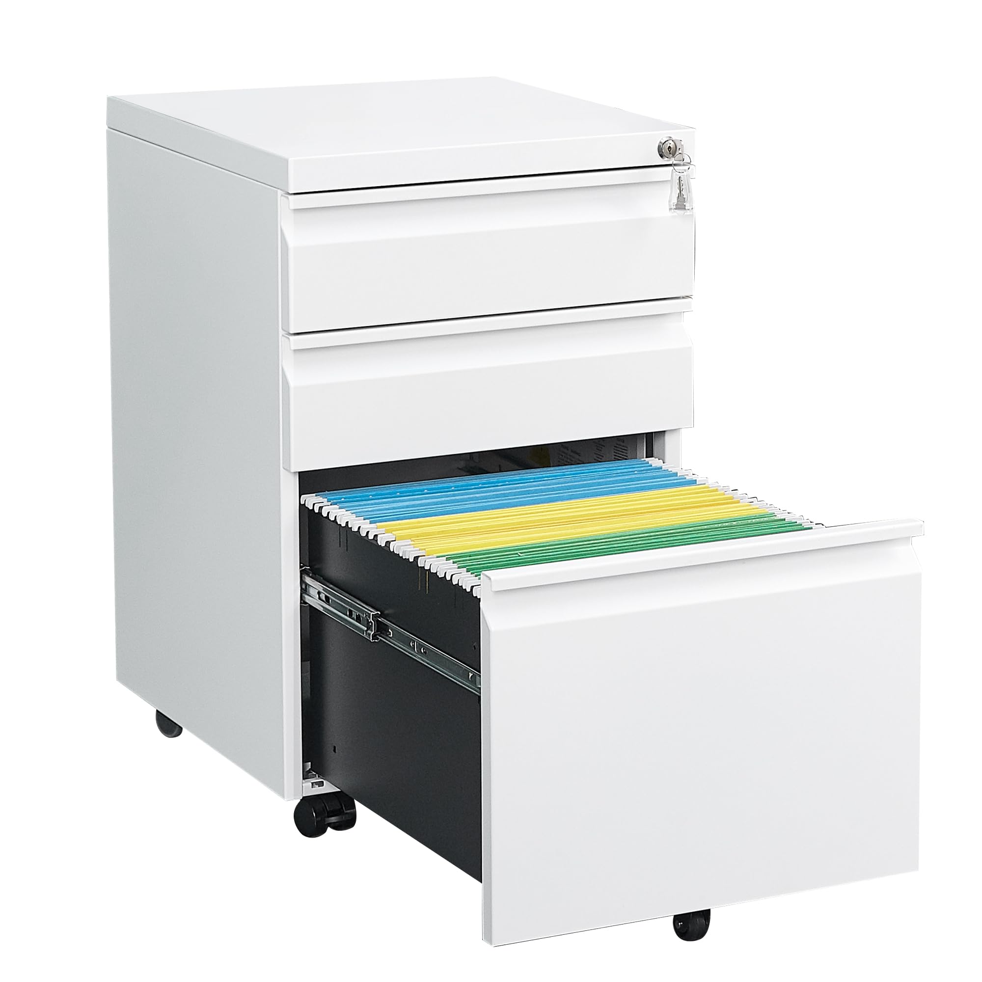 LVSTEEL 3 Drawer Mobile File Cabinet with Lock, Under Desk Metal Filing Cabinet for Home Office fits Legal/Letter/A4 File, Fully Assembled Except Wheels, White