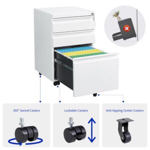 LVSTEEL 3 Drawer Mobile File Cabinet with Lock, Under Desk Metal Filing Cabinet for Home Office fits Legal/Letter/A4 File, Fully Assembled Except Wheels, White