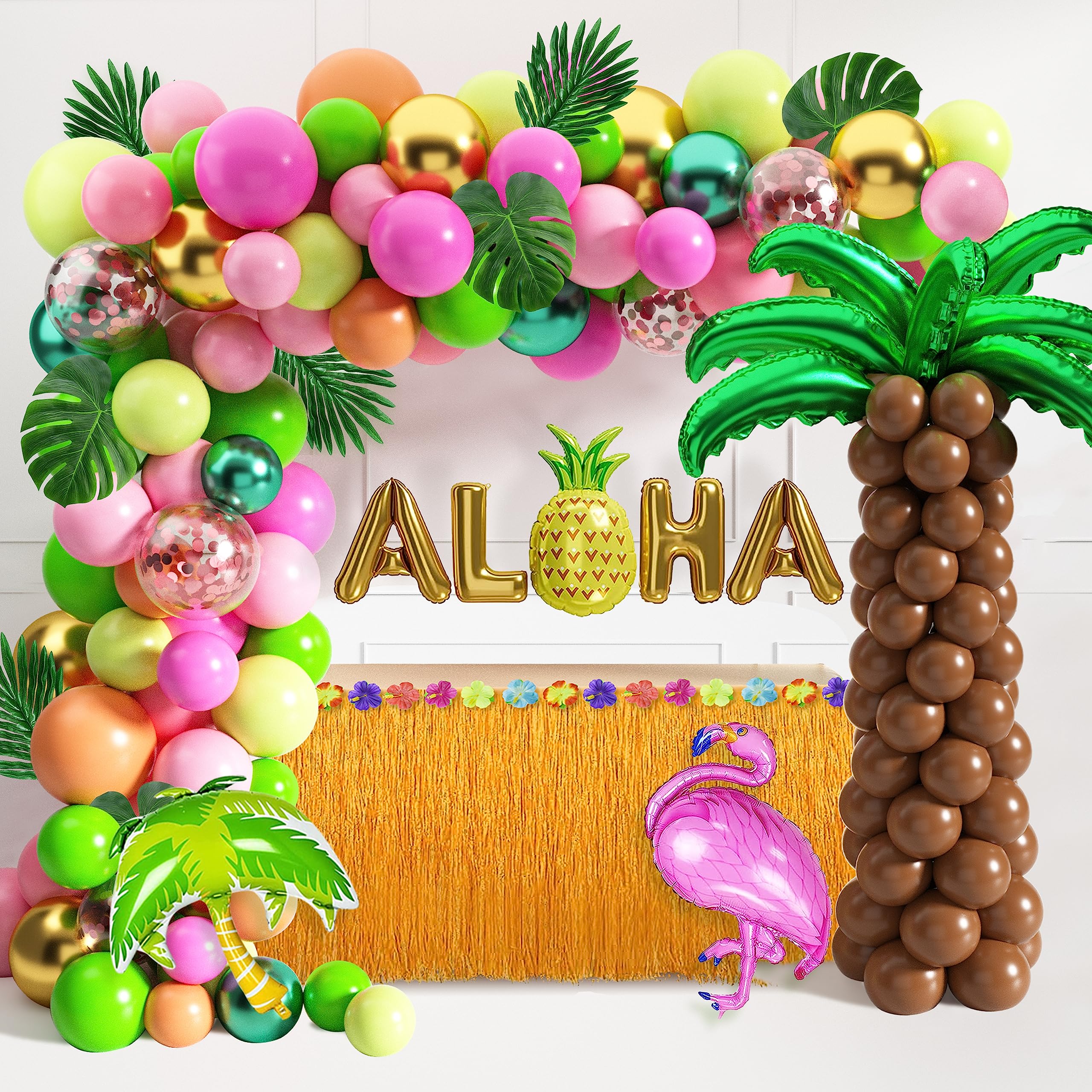 Tropical Luau Balloons Arch Garland Kit Luau Party Decorations with Palm Leaves Flamingo Palm Tree Aloha Foil Balloon Coconut Balloons Set for Tropical Hawaiian Aloha Luau Flamingo Party (Aloha-A)