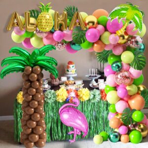 Tropical Luau Balloons Arch Garland Kit Luau Party Decorations with Palm Leaves Flamingo Palm Tree Aloha Foil Balloon Coconut Balloons Set for Tropical Hawaiian Aloha Luau Flamingo Party (Aloha-A)