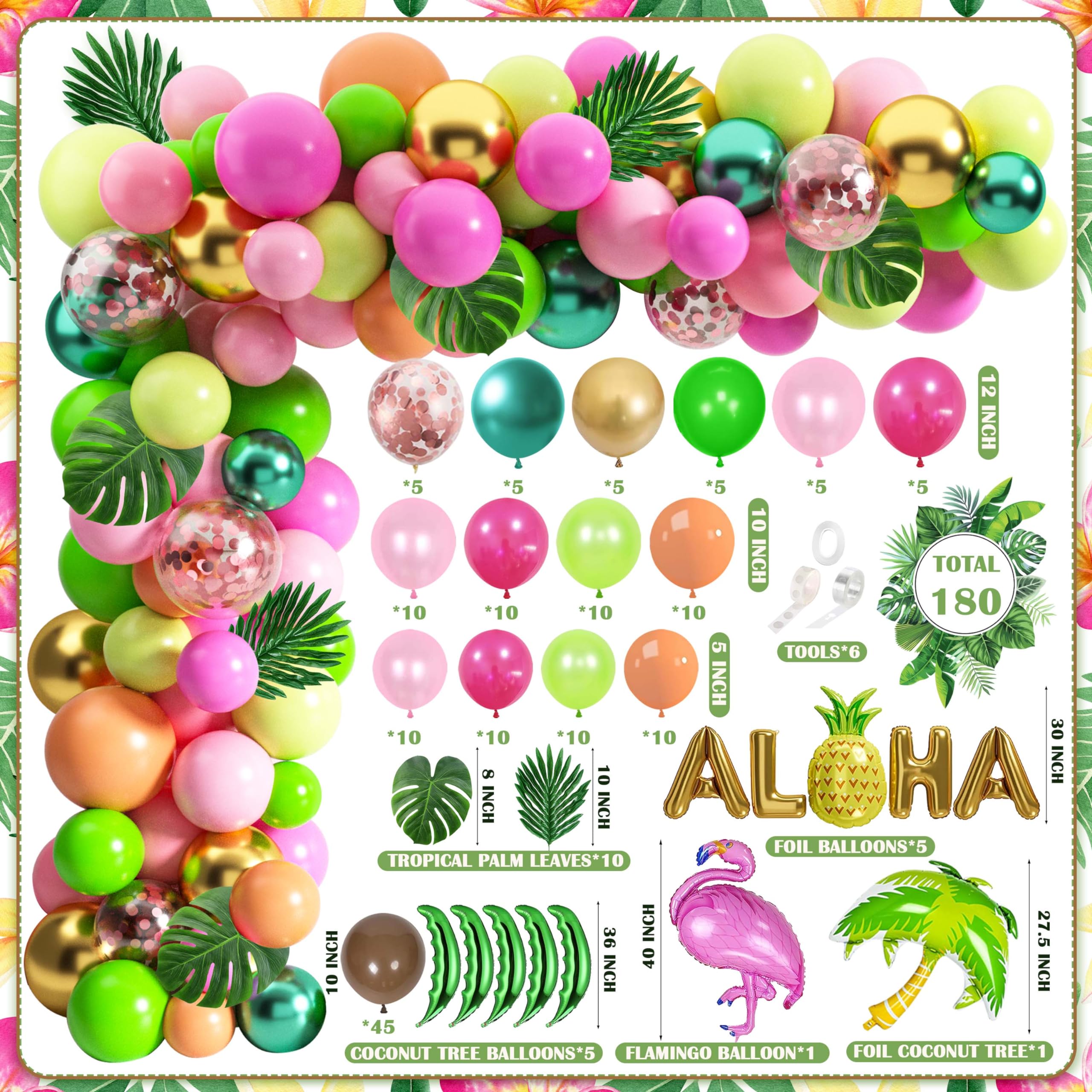 Tropical Luau Balloons Arch Garland Kit Luau Party Decorations with Palm Leaves Flamingo Palm Tree Aloha Foil Balloon Coconut Balloons Set for Tropical Hawaiian Aloha Luau Flamingo Party (Aloha-A)