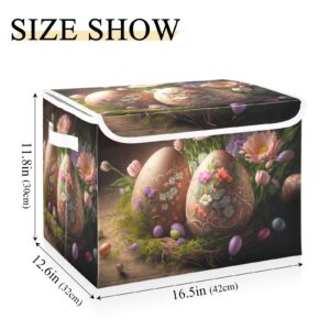 NFMILI Storage Bins (Decorated Eggs Birds) with Lid And Handles, Foldable Storage Basket Large Capacity Household Cube for Organizing Clothes Books Pantry 16.5×12.6×11.8 INCH