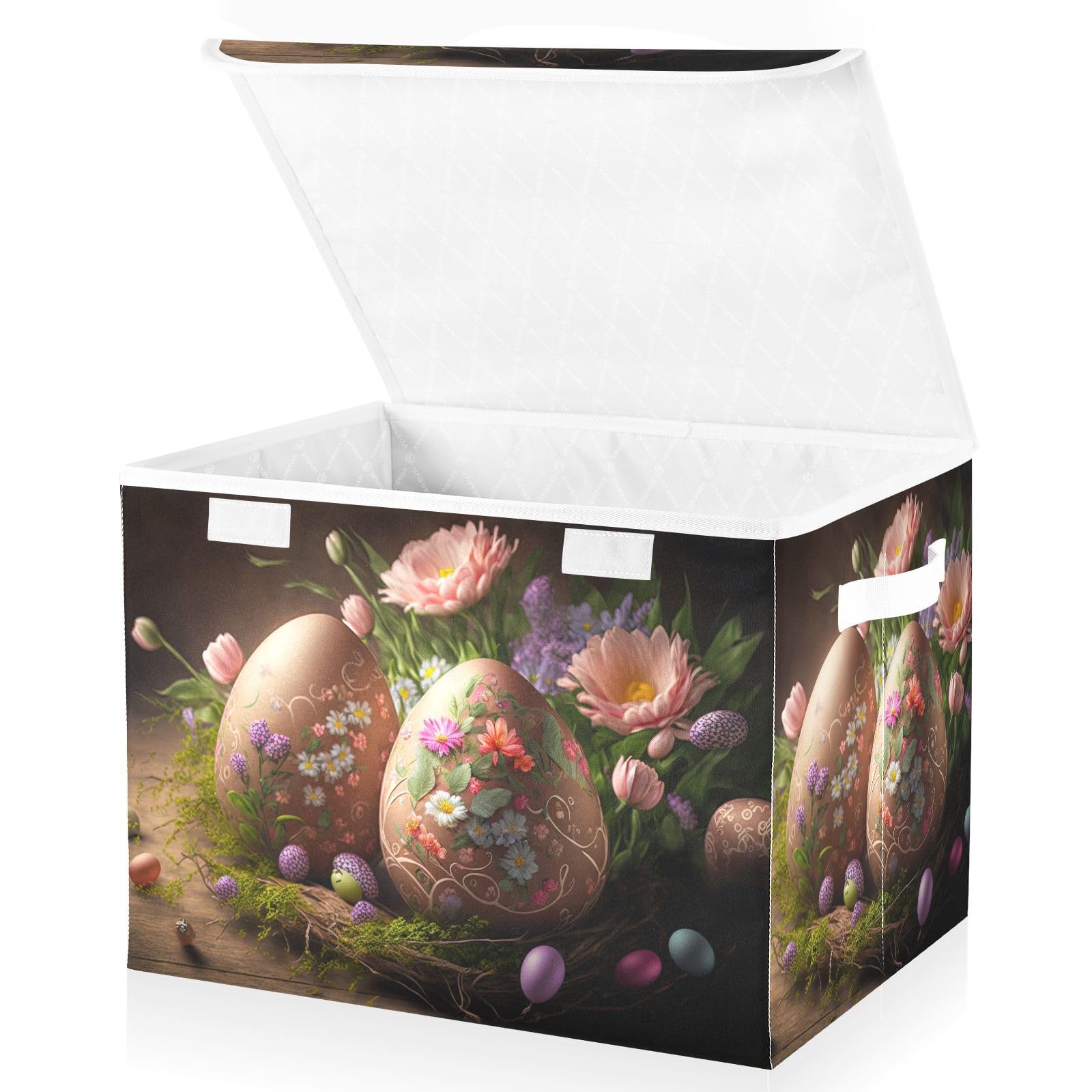 NFMILI Storage Bins (Decorated Eggs Birds) with Lid And Handles, Foldable Storage Basket Large Capacity Household Cube for Organizing Clothes Books Pantry 16.5×12.6×11.8 INCH