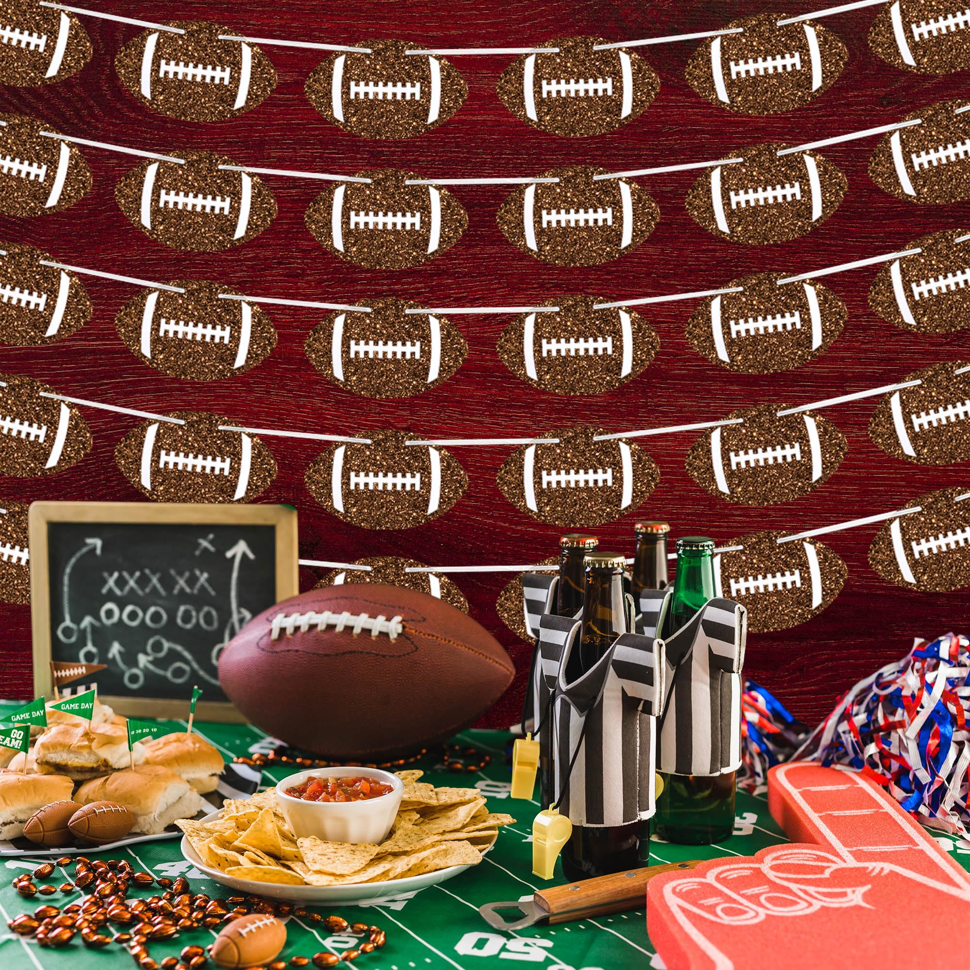 5 Count Football Party Banner Football Paper Garland Sports Theme Hanging Decorations Glitter Football Banner for Superbowl Game Day Boys Birthday Baby Shower Party Supplies