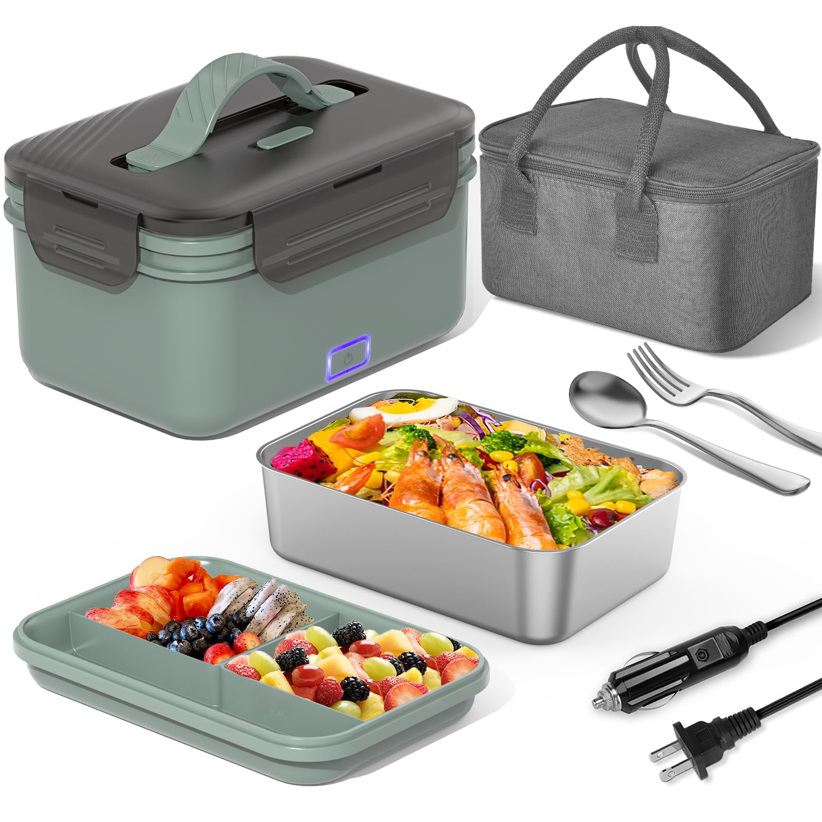 Vingud Electric Lunch Box 100W, 4 in 1 Heated Lunch Box for Adults, Portable Heating Lunch Box for Work/Car/Truck, with 1.8L Stainless Steel Container, 12V 24V 110V 220V, Green Grey