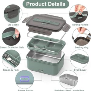 Vingud Electric Lunch Box 100W, 4 in 1 Heated Lunch Box for Adults, Portable Heating Lunch Box for Work/Car/Truck, with 1.8L Stainless Steel Container, 12V 24V 110V 220V, Green Grey