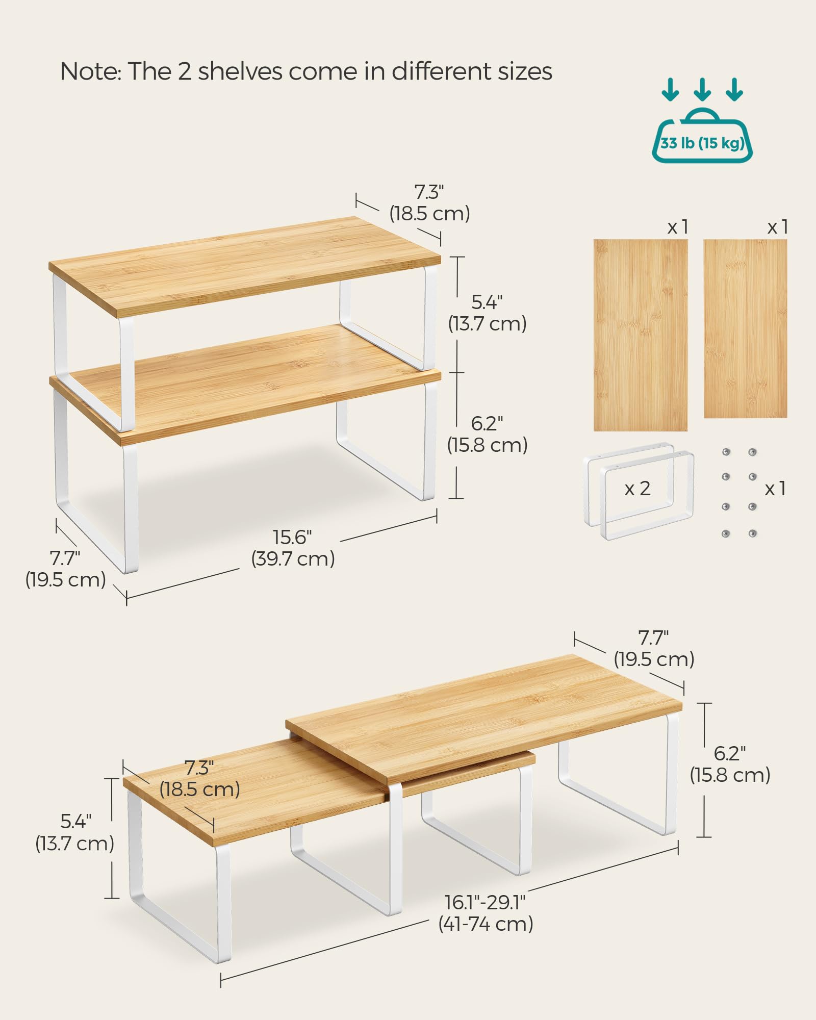 SONGMICS Cabinet Organizer Shelf, Set of 2 Kitchen Counter Shelves, Kitchen Storage, Spice Rack, Stackable, Expandable, Metal and Engineered Wood, Cloud White and Natural Beige UKCS200W01