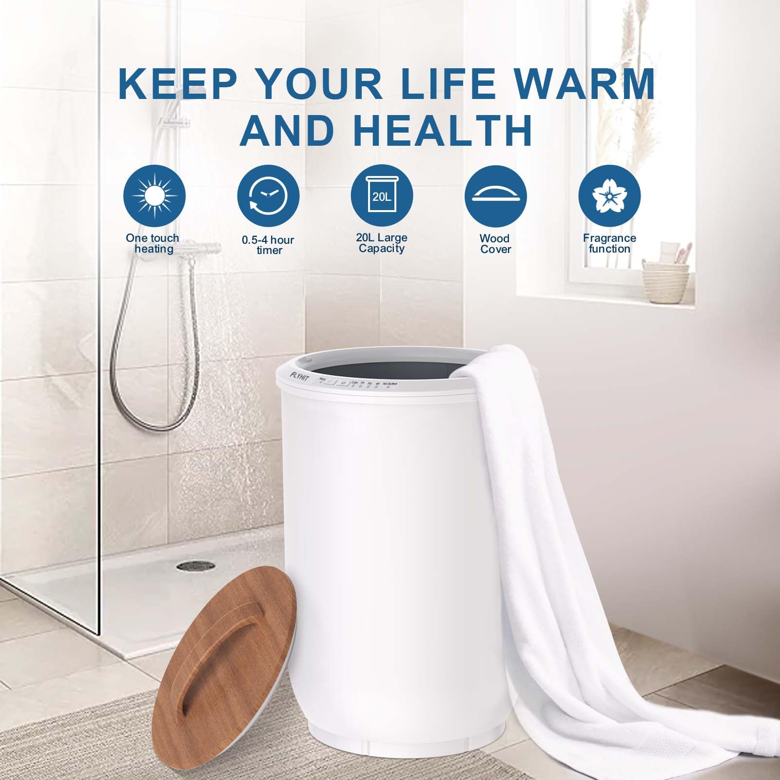 FLYHIT Luxury Towel Warmers for Bathroom - Wooden Lid, Large Towel Warmer Bucket, Auto Shut Off, Fits Up to Two 40"X70" Oversized Towels, Best Ideals