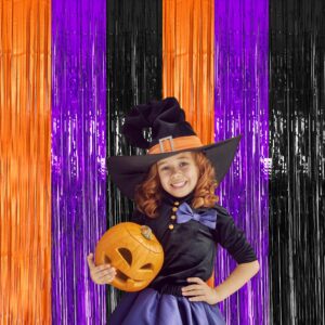 2 Packs 3.3ft x 8.2ft Halloween Orange Purple Black Tinsel Foil Fringe Curtains, Metallic Foil Curtains for Home Outdoor Halloween Party Photo Booth Props Wall Windows Decorations