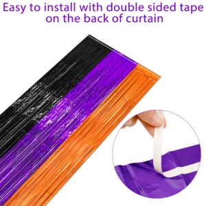 2 Packs 3.3ft x 8.2ft Halloween Orange Purple Black Tinsel Foil Fringe Curtains, Metallic Foil Curtains for Home Outdoor Halloween Party Photo Booth Props Wall Windows Decorations