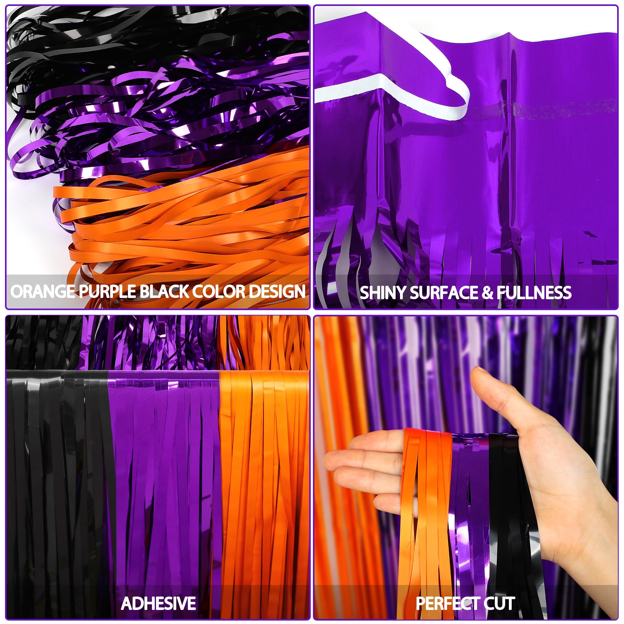 2 Packs 3.3ft x 8.2ft Halloween Orange Purple Black Tinsel Foil Fringe Curtains, Metallic Foil Curtains for Home Outdoor Halloween Party Photo Booth Props Wall Windows Decorations