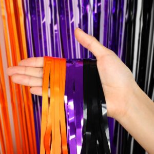 2 Packs 3.3ft x 8.2ft Halloween Orange Purple Black Tinsel Foil Fringe Curtains, Metallic Foil Curtains for Home Outdoor Halloween Party Photo Booth Props Wall Windows Decorations