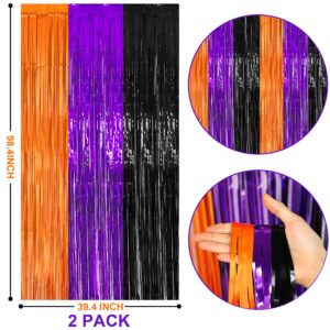 2 Packs 3.3ft x 8.2ft Halloween Orange Purple Black Tinsel Foil Fringe Curtains, Metallic Foil Curtains for Home Outdoor Halloween Party Photo Booth Props Wall Windows Decorations