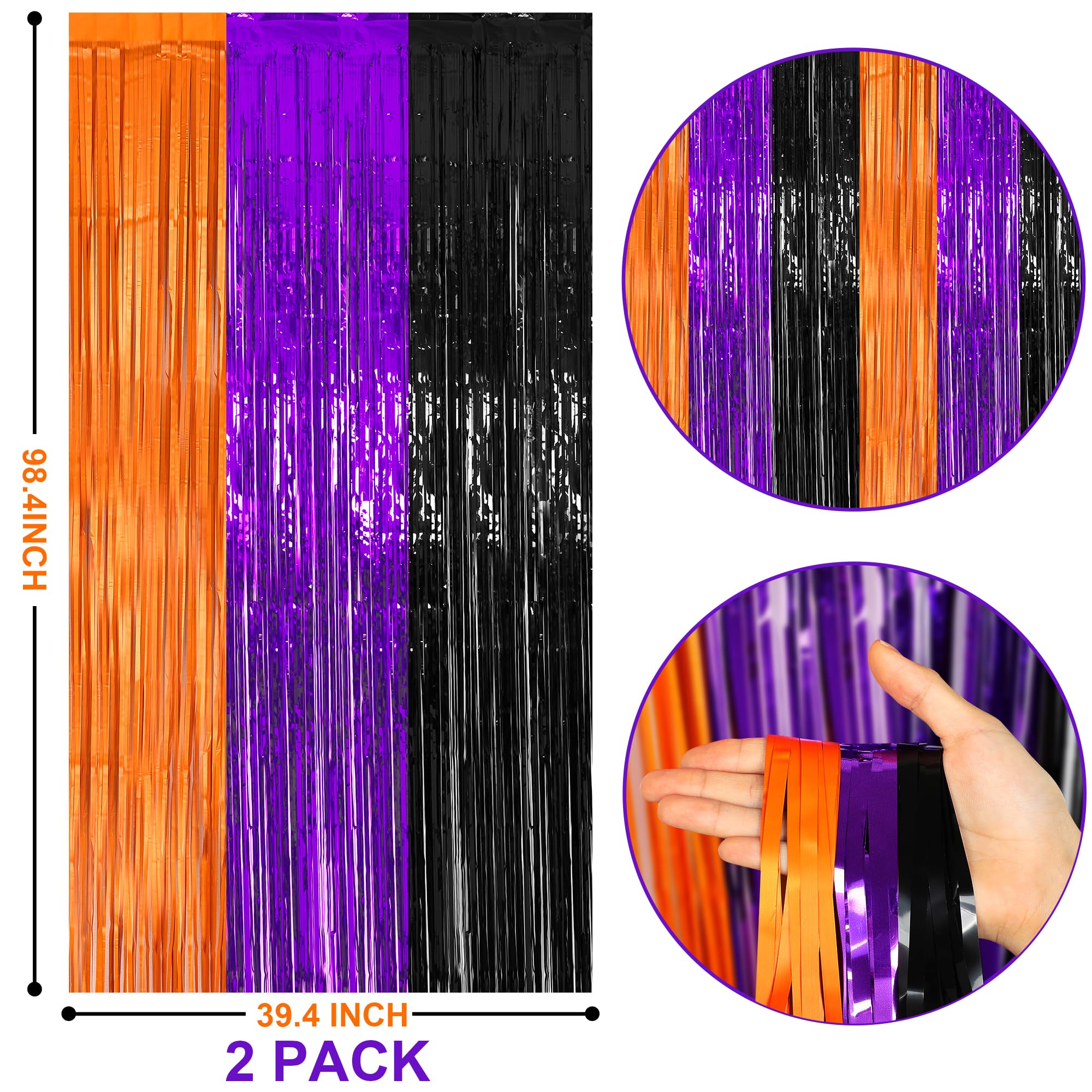 2 Packs 3.3ft x 8.2ft Halloween Orange Purple Black Tinsel Foil Fringe Curtains, Metallic Foil Curtains for Home Outdoor Halloween Party Photo Booth Props Wall Windows Decorations