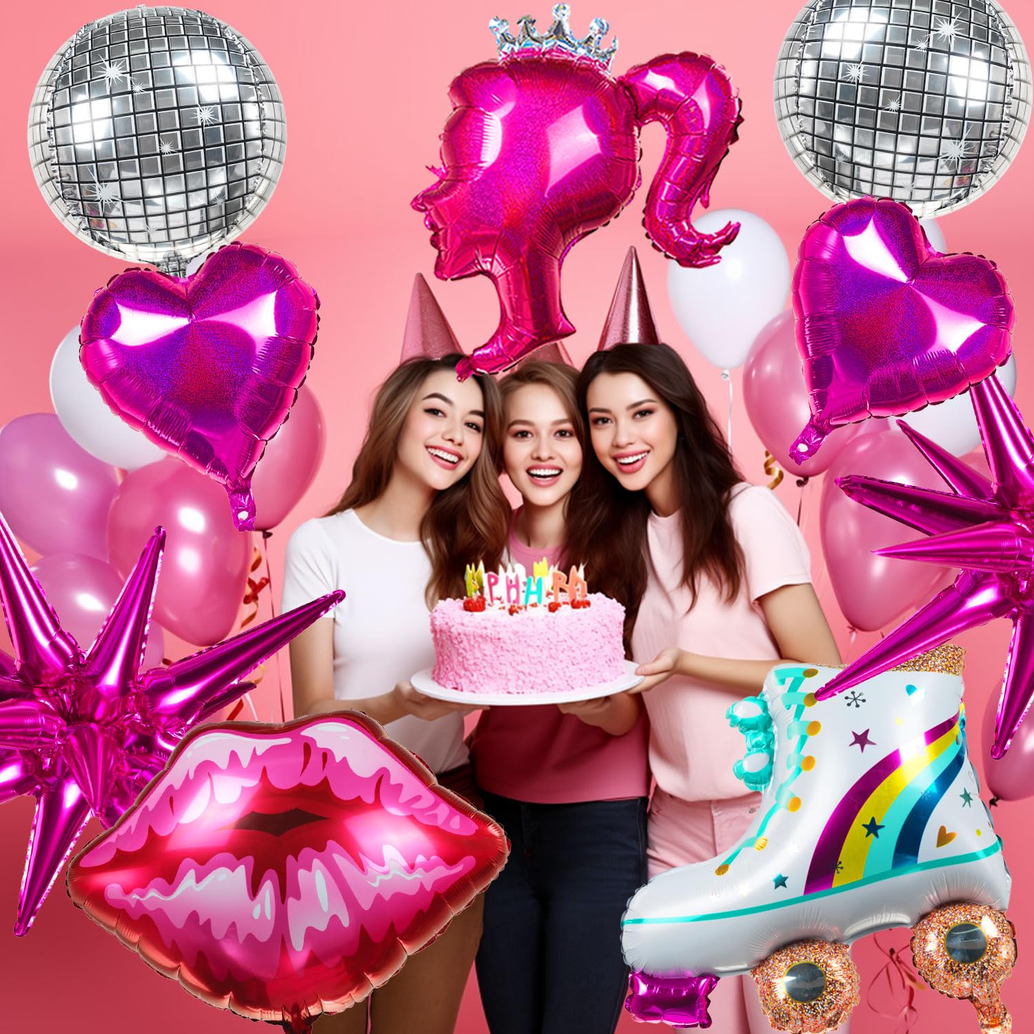 9Pcs Hot Pink Princess Foil Balloon Silver Disco Ball Balloons Girl Head Balloons Photo Prop For Bachelorette Theme Party Decorations Box Photo Booth Backdrop Pink Girl Adult Makeup Birthday