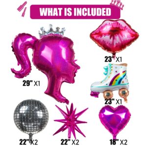 9Pcs Hot Pink Princess Foil Balloon Silver Disco Ball Balloons Girl Head Balloons Photo Prop For Bachelorette Theme Party Decorations Box Photo Booth Backdrop Pink Girl Adult Makeup Birthday