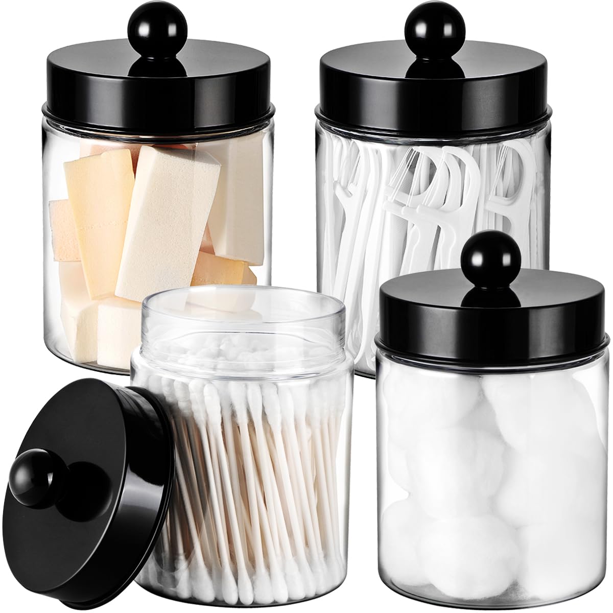 Apothecary Jars Bathroom Vanity Storage Organizer Set -Countertop Canister Plastic Acrylic Jar - Farmhouse Decor Qtip Holder for Cotton Swabs,Makeup Sponges,Flossers ,Paper Clips-Black (4)