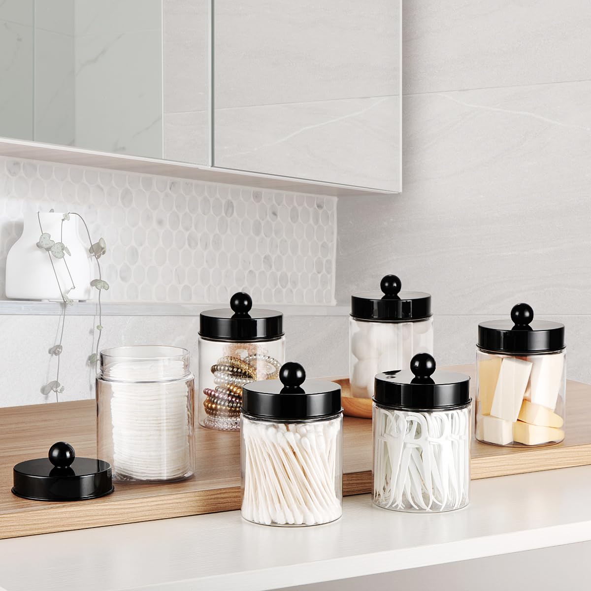 Apothecary Jars Bathroom Vanity Storage Organizer Set -Countertop Canister Plastic Acrylic Jar - Farmhouse Decor Qtip Holder for Cotton Swabs,Makeup Sponges,Flossers ,Paper Clips-Black (4)