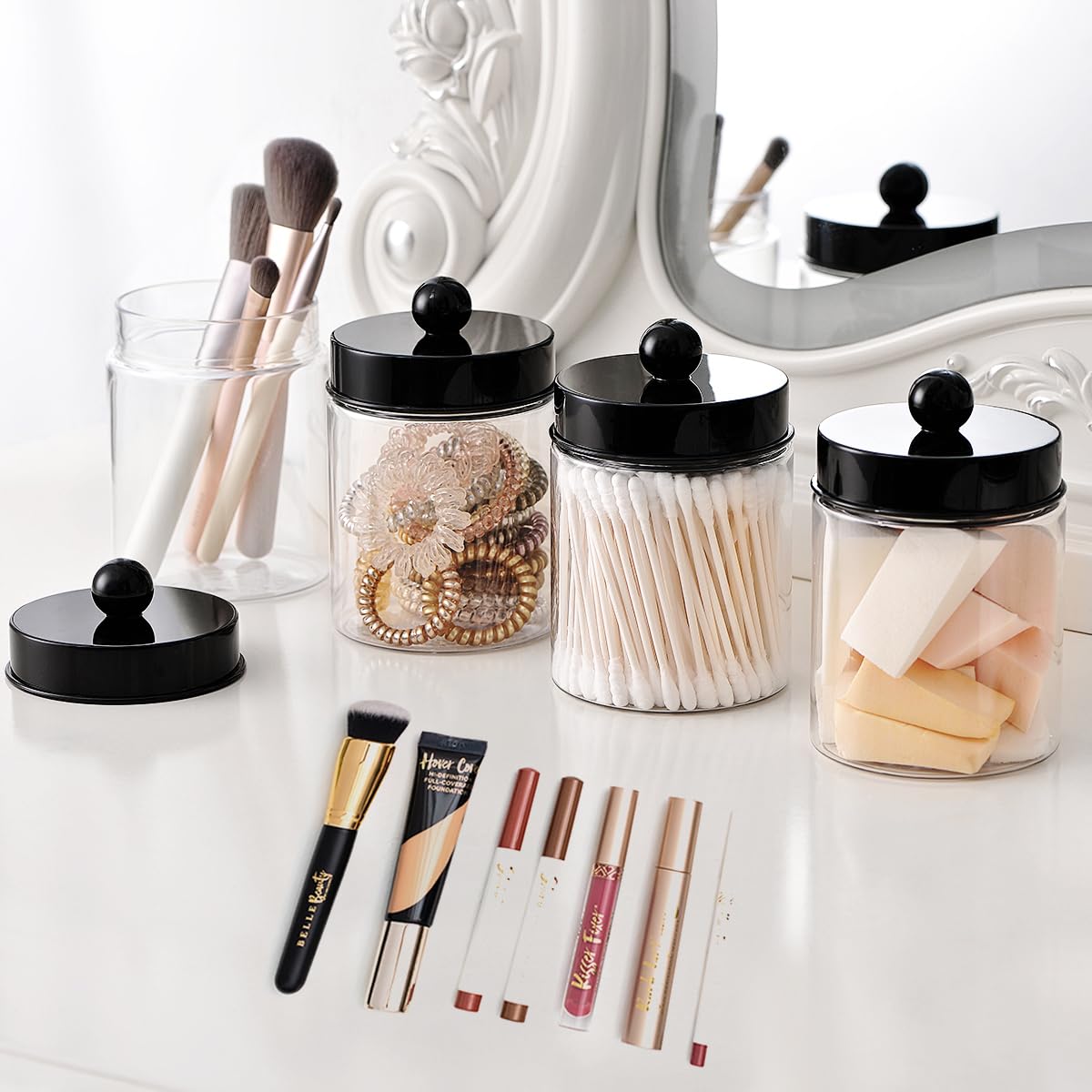 Apothecary Jars Bathroom Vanity Storage Organizer Set -Countertop Canister Plastic Acrylic Jar - Farmhouse Decor Qtip Holder for Cotton Swabs,Makeup Sponges,Flossers ,Paper Clips-Black (4)