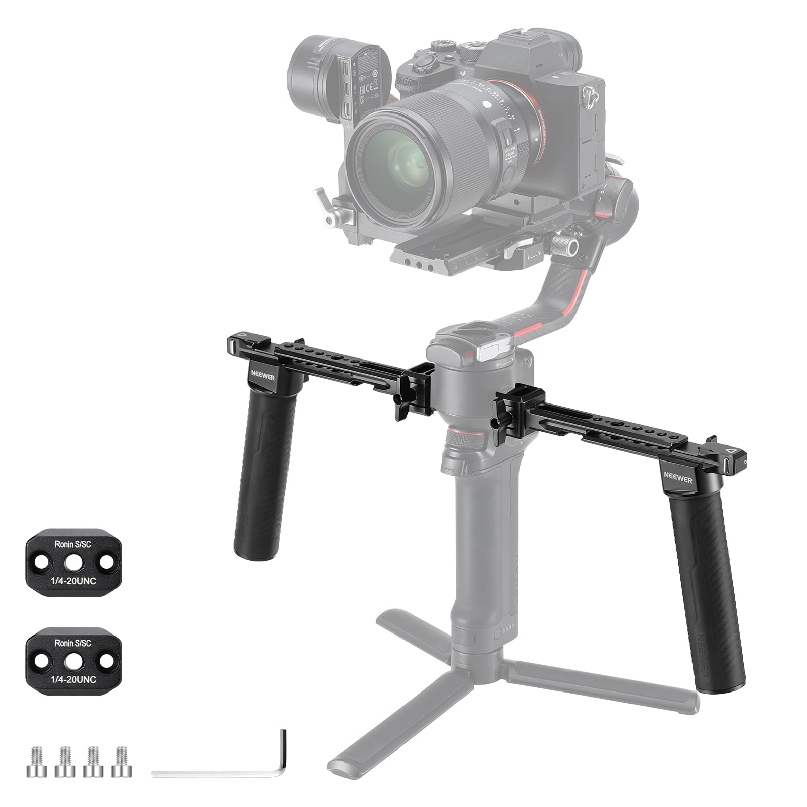 NEEWER Dual Handgrip Compatible with DJI RS4 RS4 Pro RS3 RS3 Pro RS2 RSC2 Ronin S SC Gimbal, Dual Handle Kit with 2 Mini NATO Rails, Quick Release NATO Clamps, 1/4" & 3/8" Threads, GA006