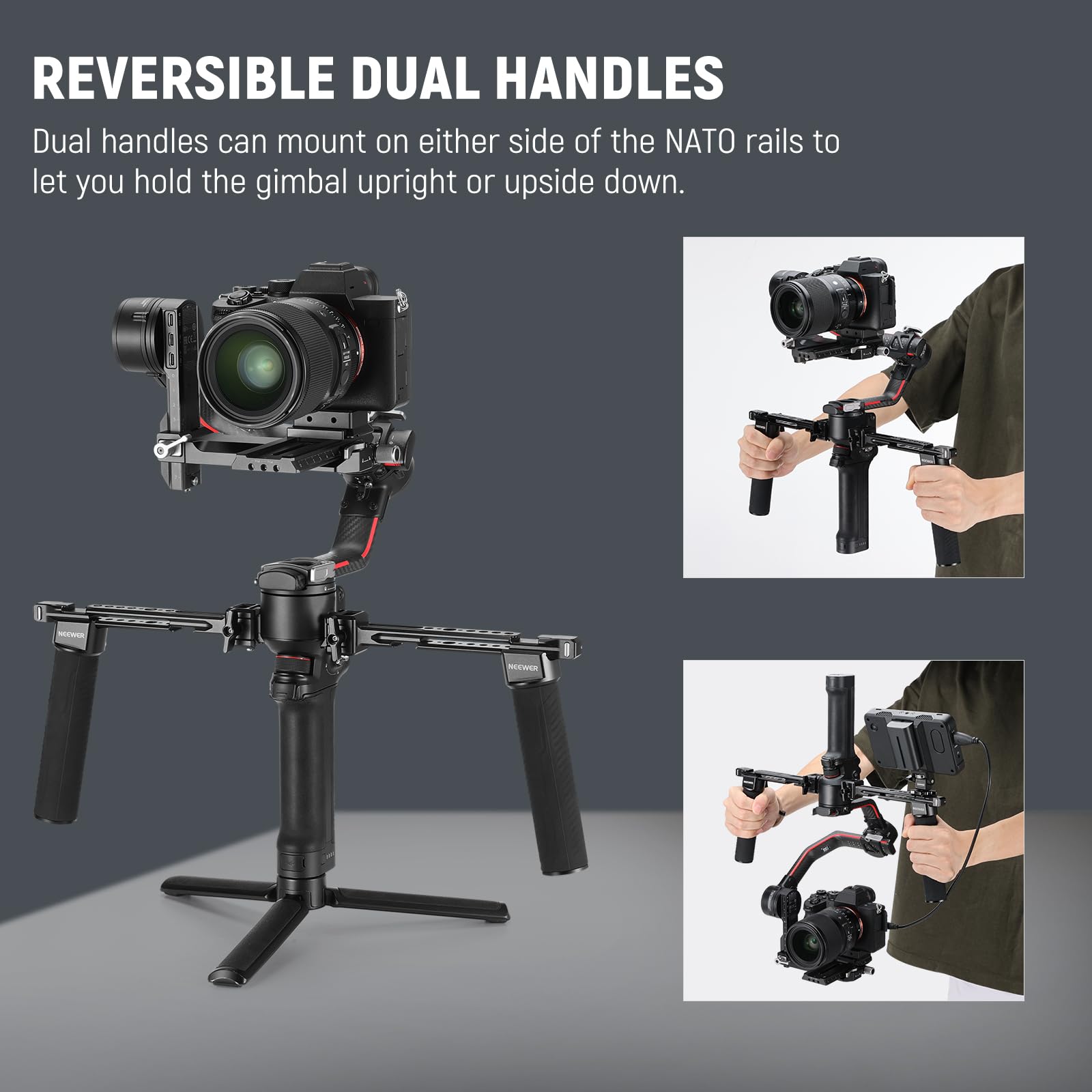 NEEWER Dual Handgrip Compatible with DJI RS4 RS4 Pro RS3 RS3 Pro RS2 RSC2 Ronin S SC Gimbal, Dual Handle Kit with 2 Mini NATO Rails, Quick Release NATO Clamps, 1/4" & 3/8" Threads, GA006