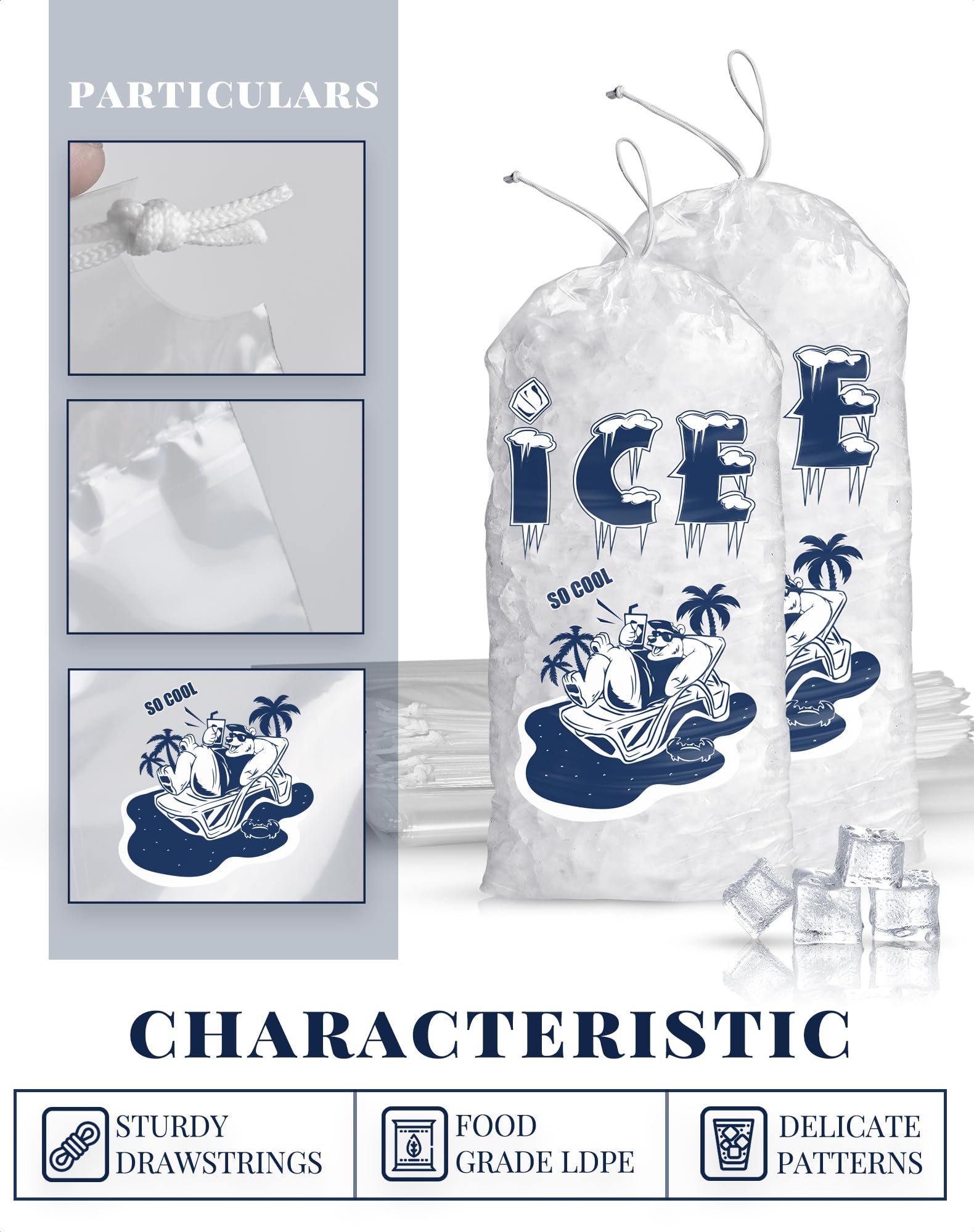 50 Pack Ice Bags 5 lb, Heavy-Duty Ice Bags with Drawstring(2 Mils Thickness)