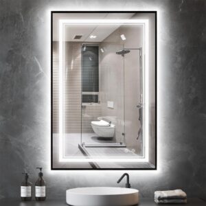 oumusu led bathroom mirror 24"x36" with black frame,dual led strips,front and backlit lighted bathroom mirror- anti-fog, dimmable, shatter-proof, memory, 3 colors(horizontal/vertical)