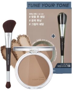 holika holika tone tuning shading contour palette with double ended contour brush 01 cool grown – contouring pressed powder korean cosmetics with optimal ratio 3 colors for flawless, long-lasting makeup