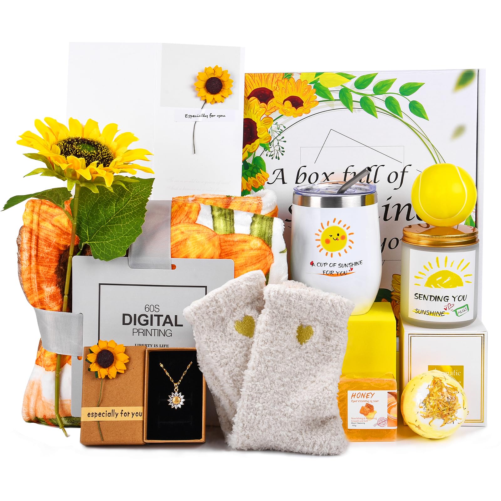 ZRFMIB Sunflowers Gift Baskets for Women, 11 Pcs Birthday Gift, Get Well Soon Gift Basket, Relaxing Care Package, Unique Gifts for Her, Mom, Sister, Wife, Girlfriend, Daughter, Female Friends