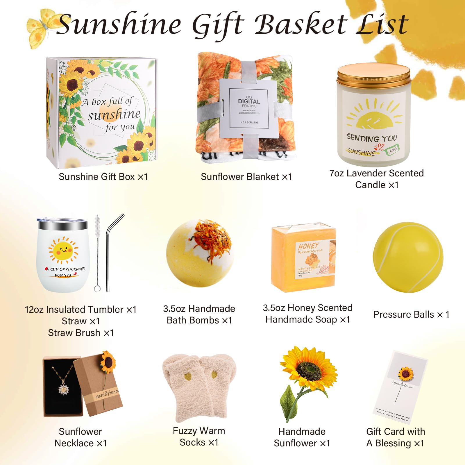 ZRFMIB Sunflowers Gift Baskets for Women, 11 Pcs Birthday Gift, Get Well Soon Gift Basket, Relaxing Care Package, Unique Gifts for Her, Mom, Sister, Wife, Girlfriend, Daughter, Female Friends