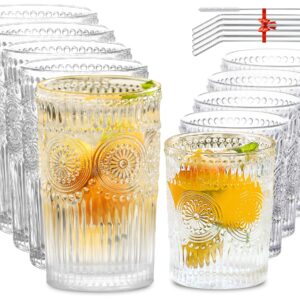 Lvtrupc 10Pcs Vintage Drinking Glasses - Romantic Highball Glasses & Rocks Glasses, Striped Glass Tumbler Cups for Water Coffee Juice Cocktail, Luxurious Floral Embossed Clear Glassware Set