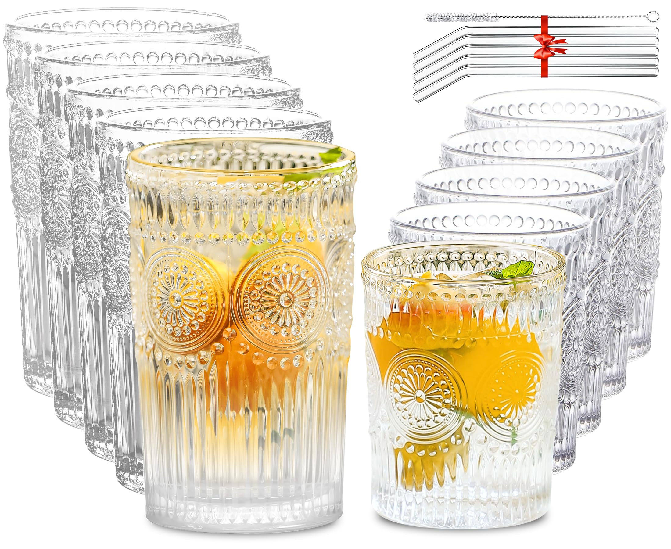 Lvtrupc 10Pcs Vintage Drinking Glasses - Romantic Highball Glasses & Rocks Glasses, Striped Glass Tumbler Cups for Water Coffee Juice Cocktail, Luxurious Floral Embossed Clear Glassware Set